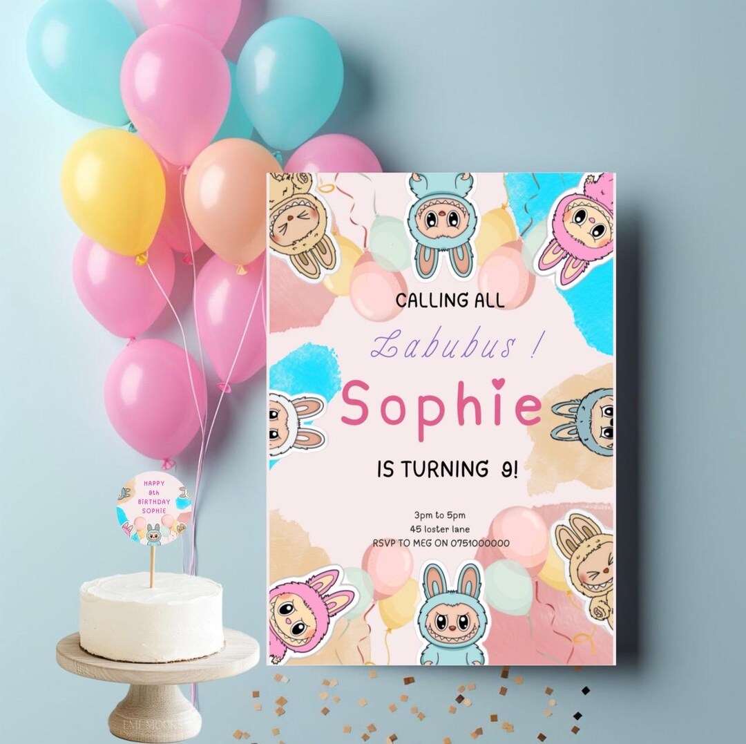 Labubu Birthday Invitations and X2 Cake Topper Templates Editable on ...