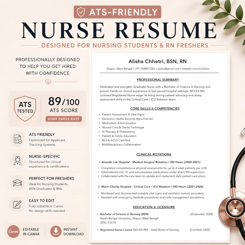 Nurse Resume Template Canva, ATS Friendly Nursing RN, New Grad Nurse ...