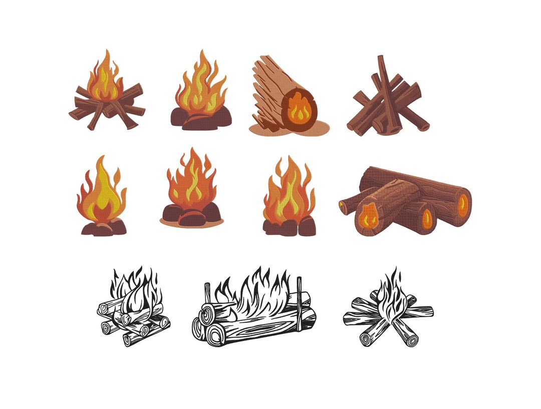 Bonfire Bundle Embroidery, Campfire Embroidery Design, Wood Logs ...