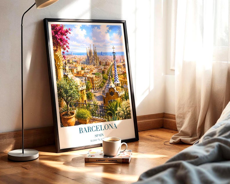 Barcelona Spain Travel Art: Spain Poster, Gouache Art Print, City Scape ...