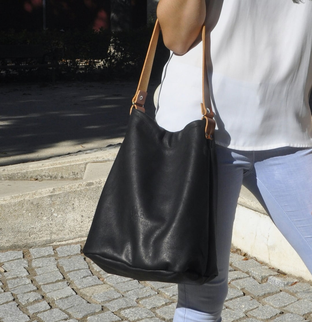 LEATHER HOBO Bag Handbag Shoulder Tote Bag - SACO Model in Black ...
