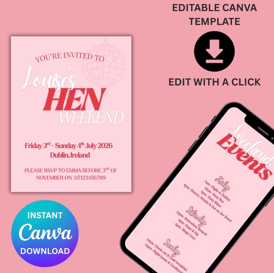 Editable Hen Party Invitation | Canva Template | Weekend Itinerary ...