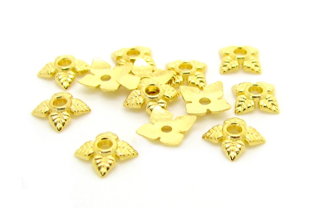 SALE *** Golden 6mm Leaf Bead End Caps / Gold Flower Bead Caps [25 ...