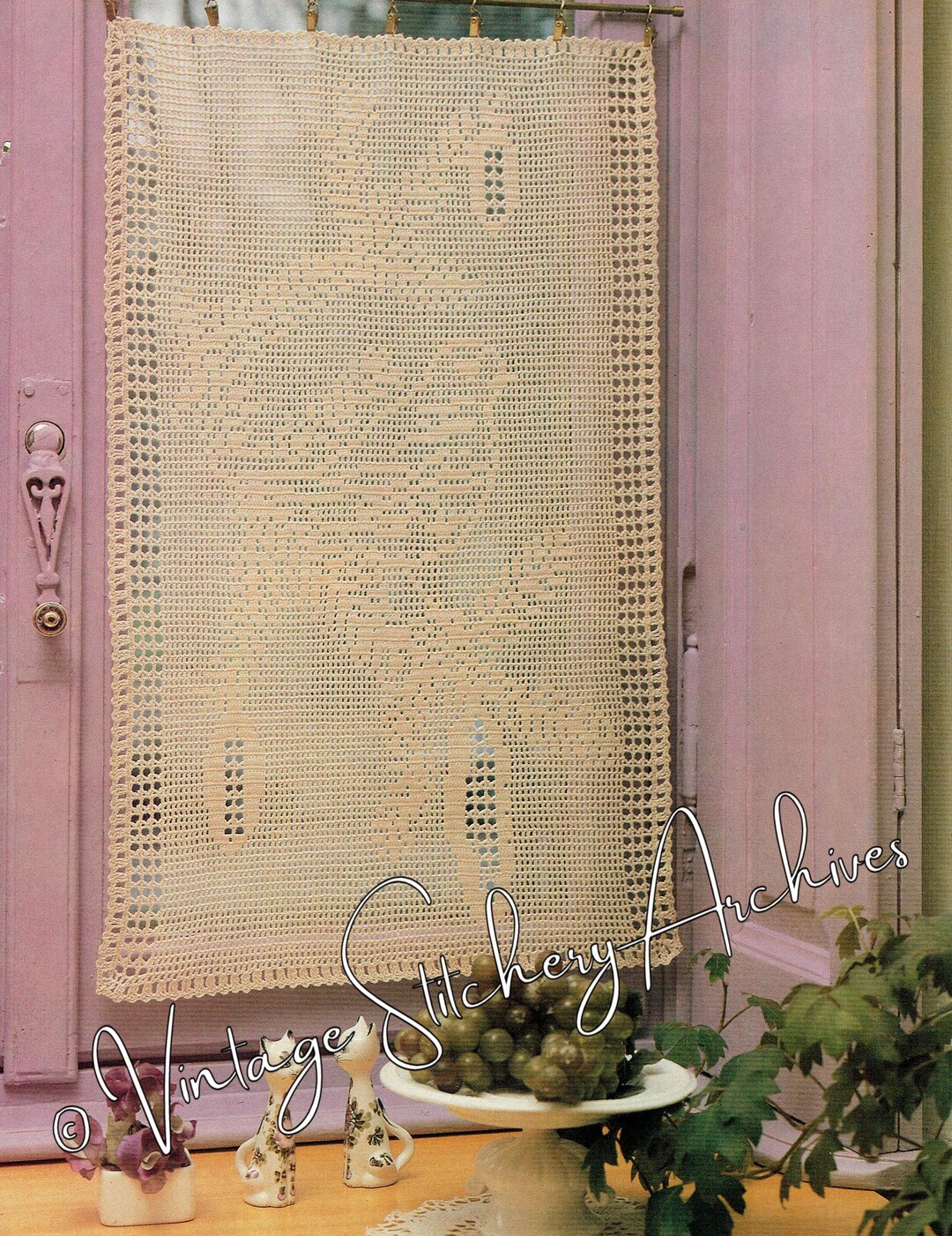 Vintage Filet Crochet Curtain Pattern, "bird in a Fir Tree" Digital ...