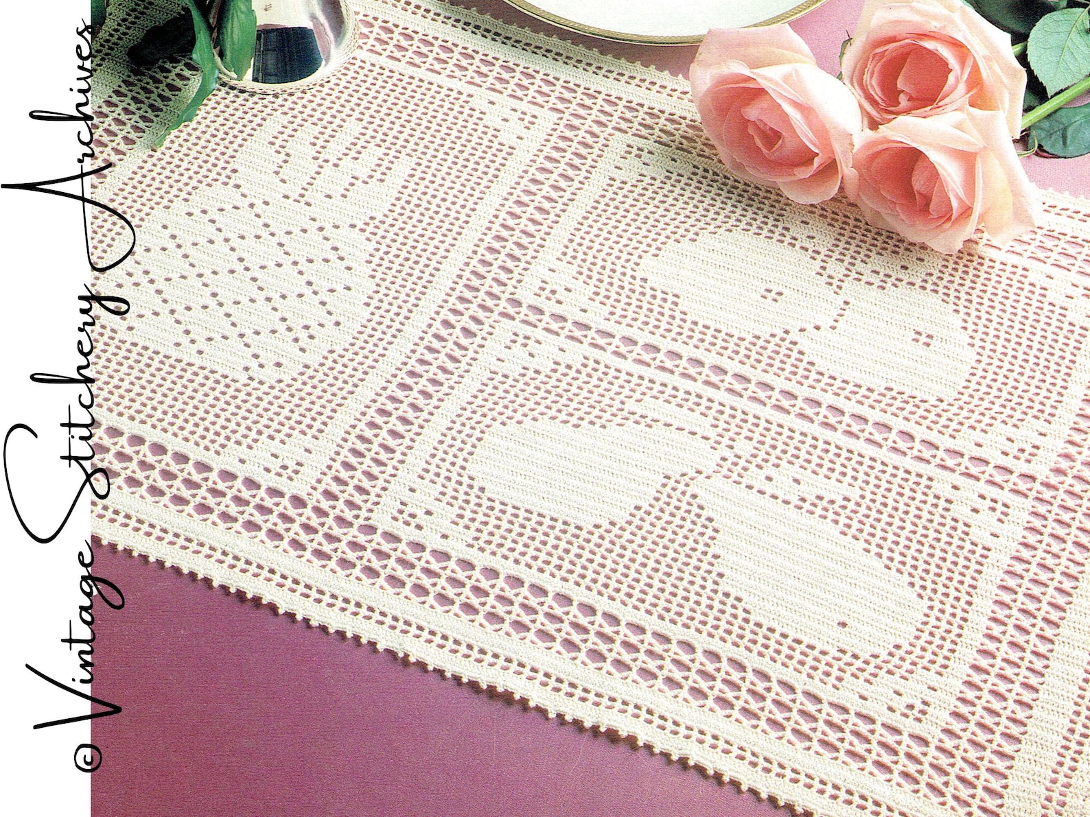 Vintage Filet Crochet Doily Pattern, "fresh Fruit Rectangle Doily ...