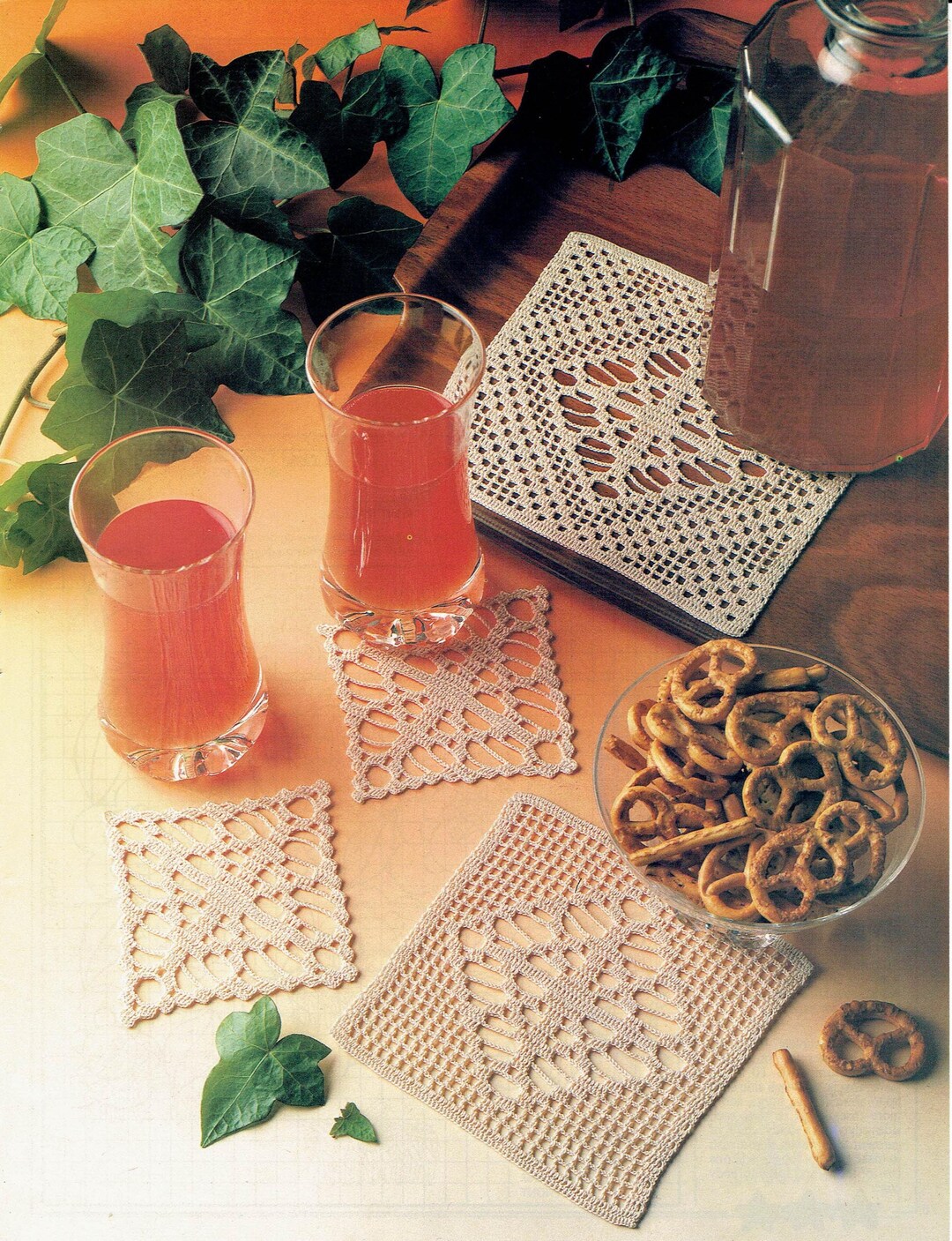 Vintage Filet Crochet Coaster Pattern, "to Your Health! Pitcher Mat and ...