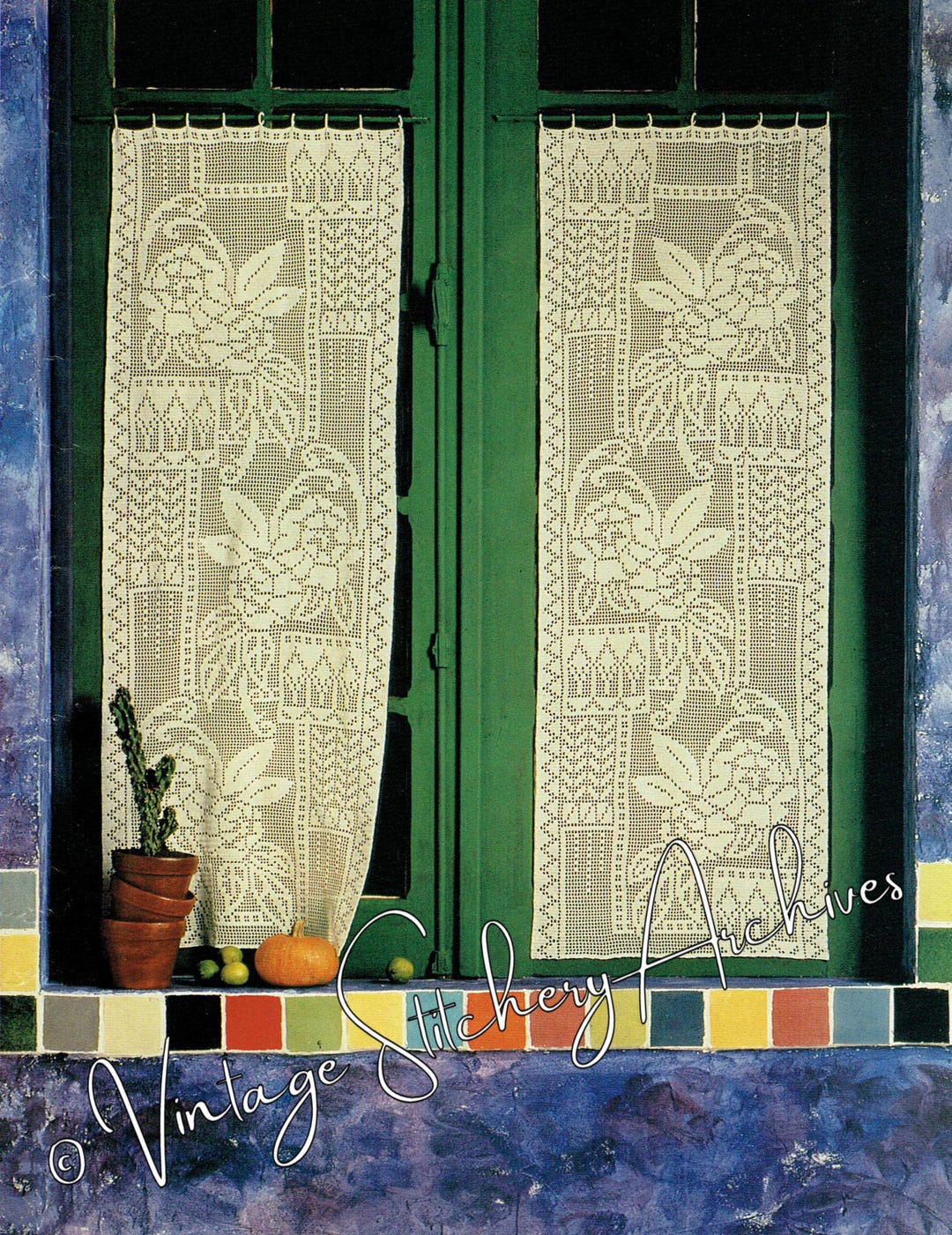 Vintage Filet Crochet Curtain Pattern, "garden Roses Crochet Curtain ...