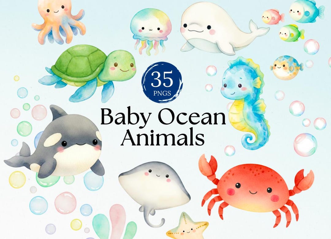 Baby Ocean Animals Watercolor Clipart PNG, Cute Sea Animals, Nursery ...