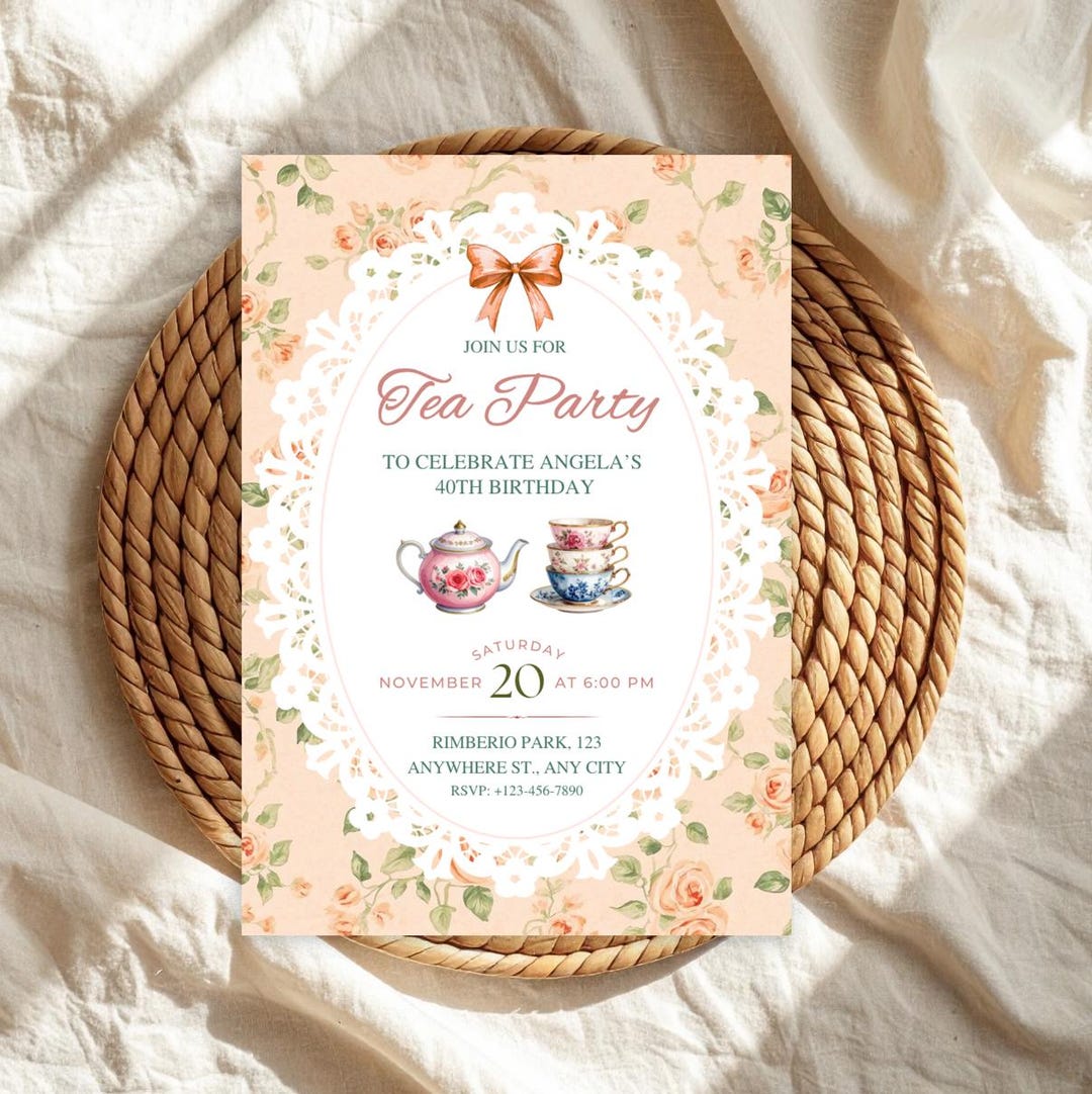 Afternoon Tea Party Invitation Editable, 5x7 Canva Template + Mobile ...