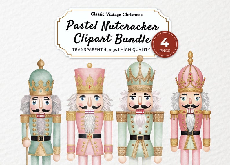 Pastel Nutcracker Clipart Bundle (4 PNG) | Pink & Mint Watercolor ...