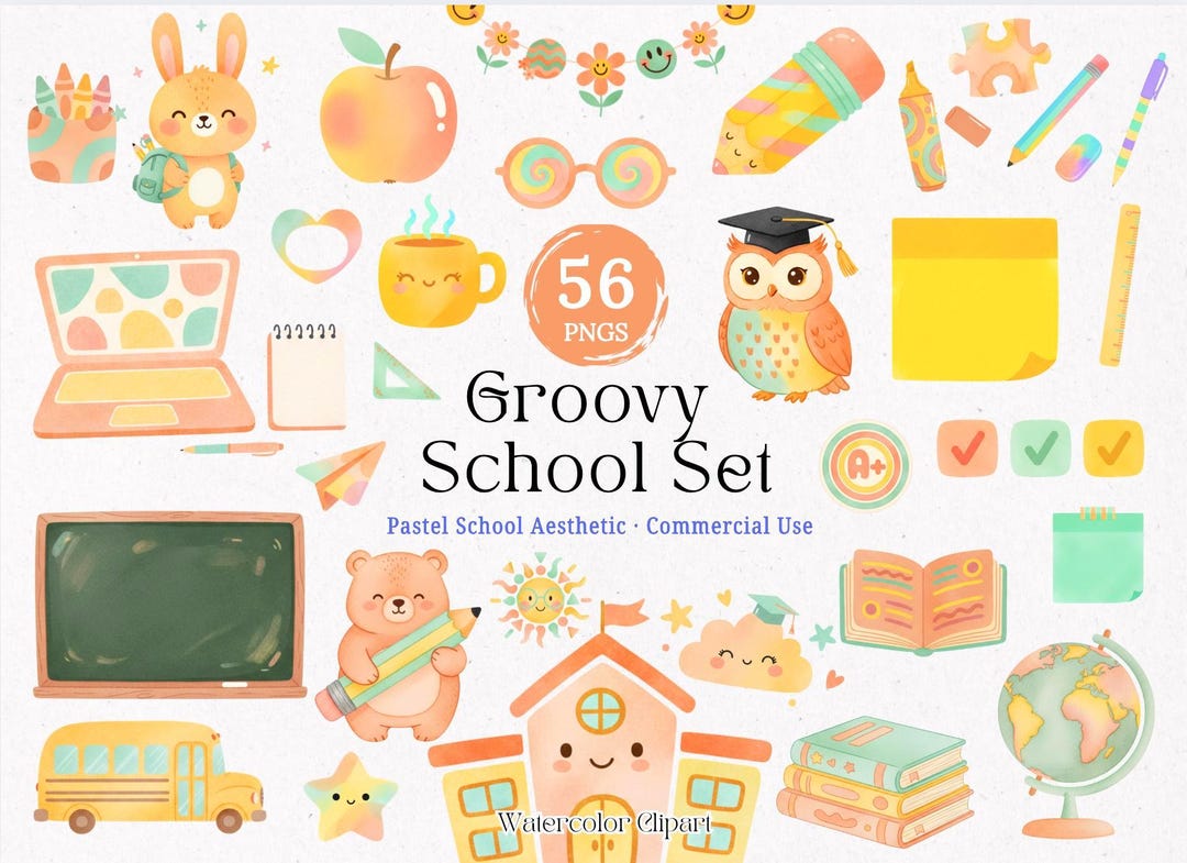 Groovy School Clipart Set, Pastel Retro Back to School, Cute Teacher ...