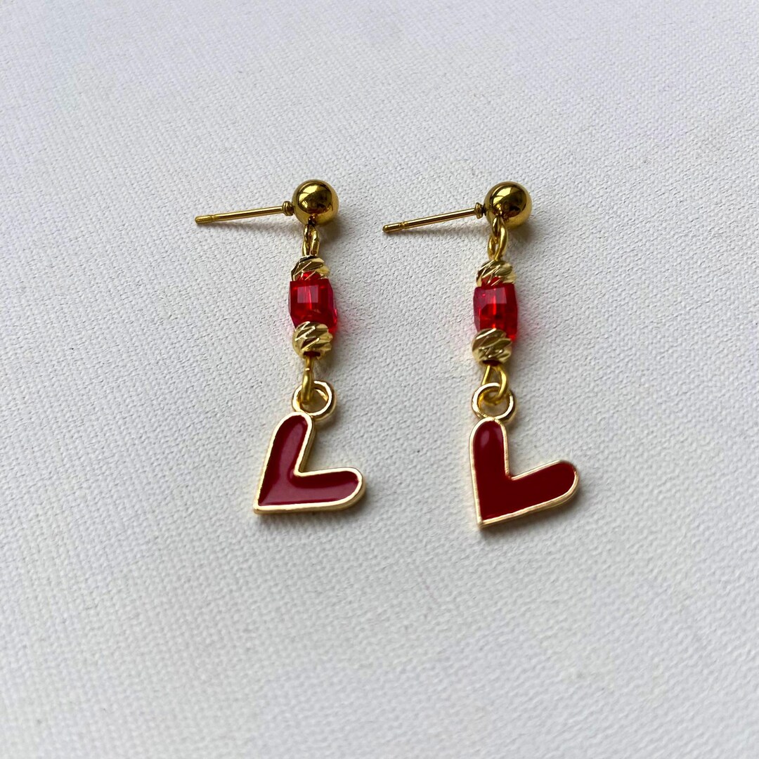 Handmade Heart and Red Crystal Cube Beaded Drop Earrings - Etsy