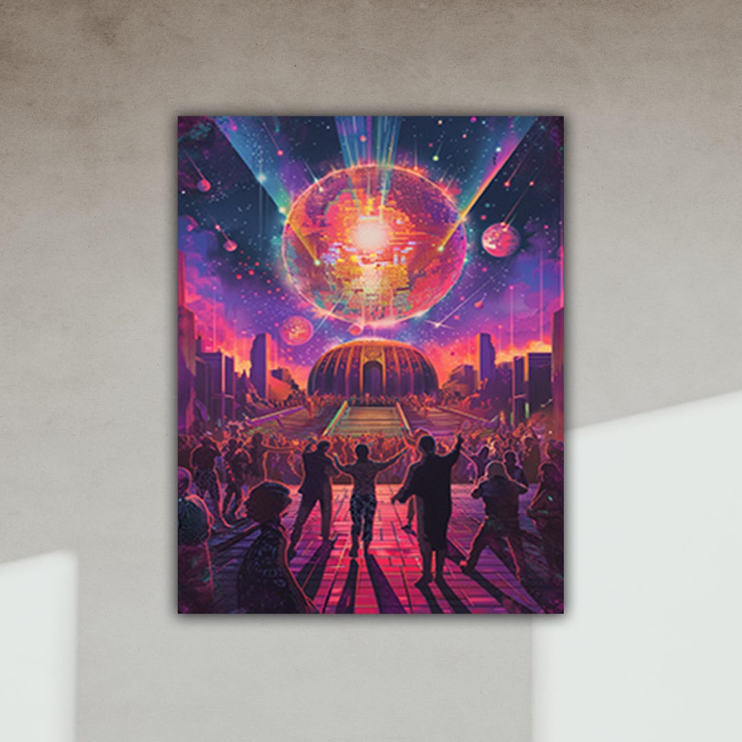 Cosmic Futuristic Festival Art – Neon Sci-fi Crowd Scene UV Printed on ...