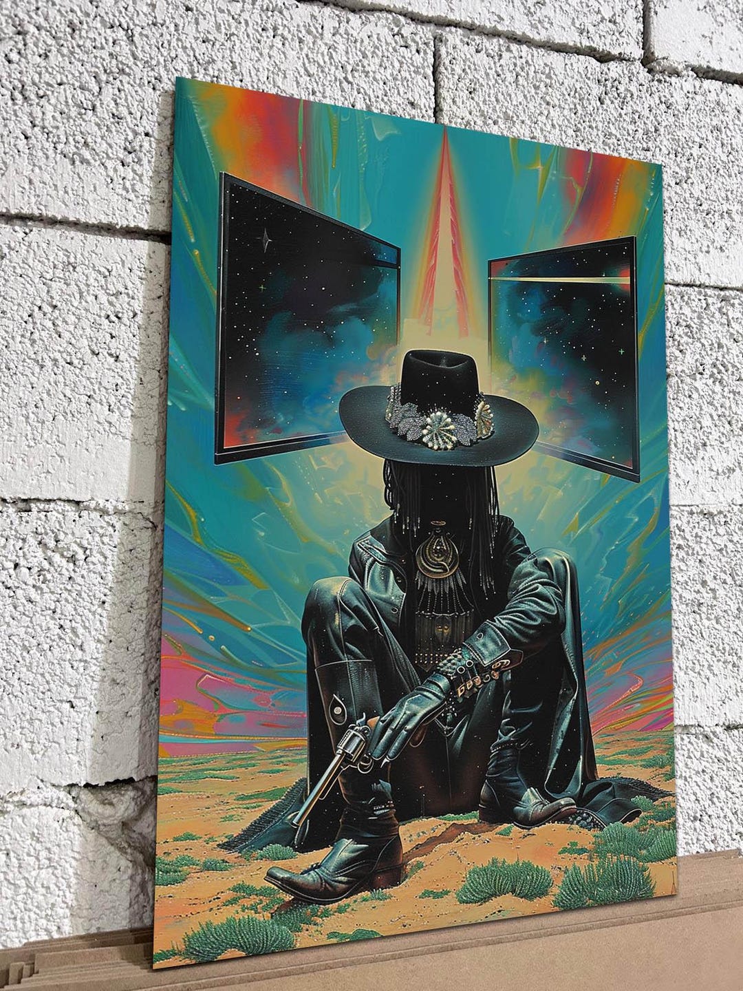 Cosmic Cowboy Canvas Wall Art, Surreal Western Sci-fi Print With ...