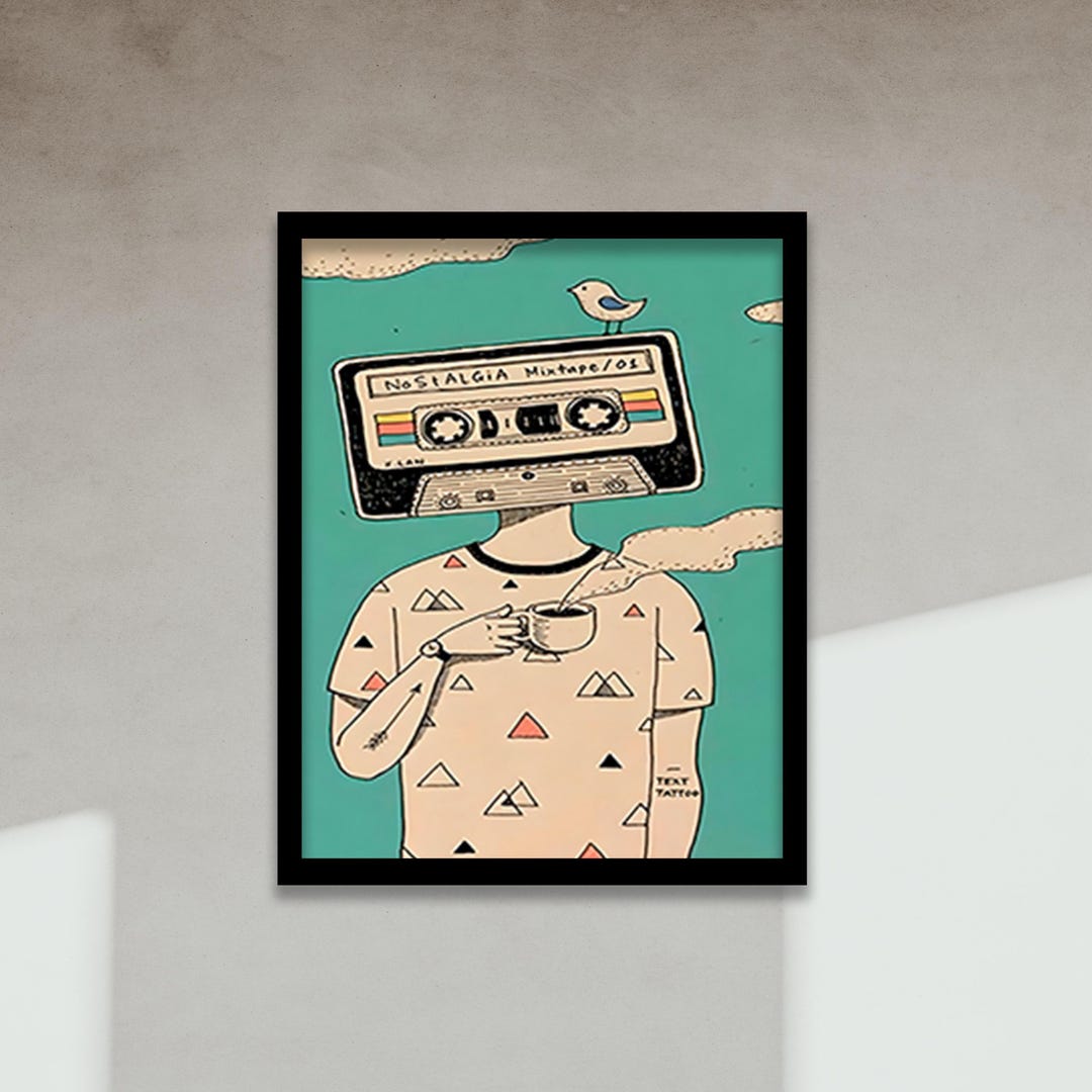 Nostalgia Mixtape Wall Art – Retro Cassette Head Illustration, Indie ...