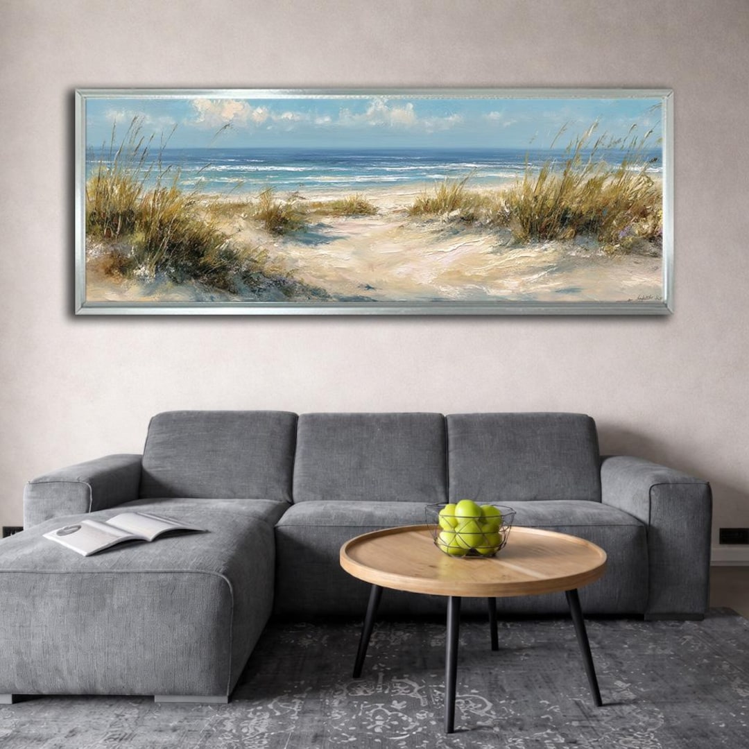 Coastal Beach Canvas Wall Art, Panoramic Ocean Dunes Landscape Painting ...
