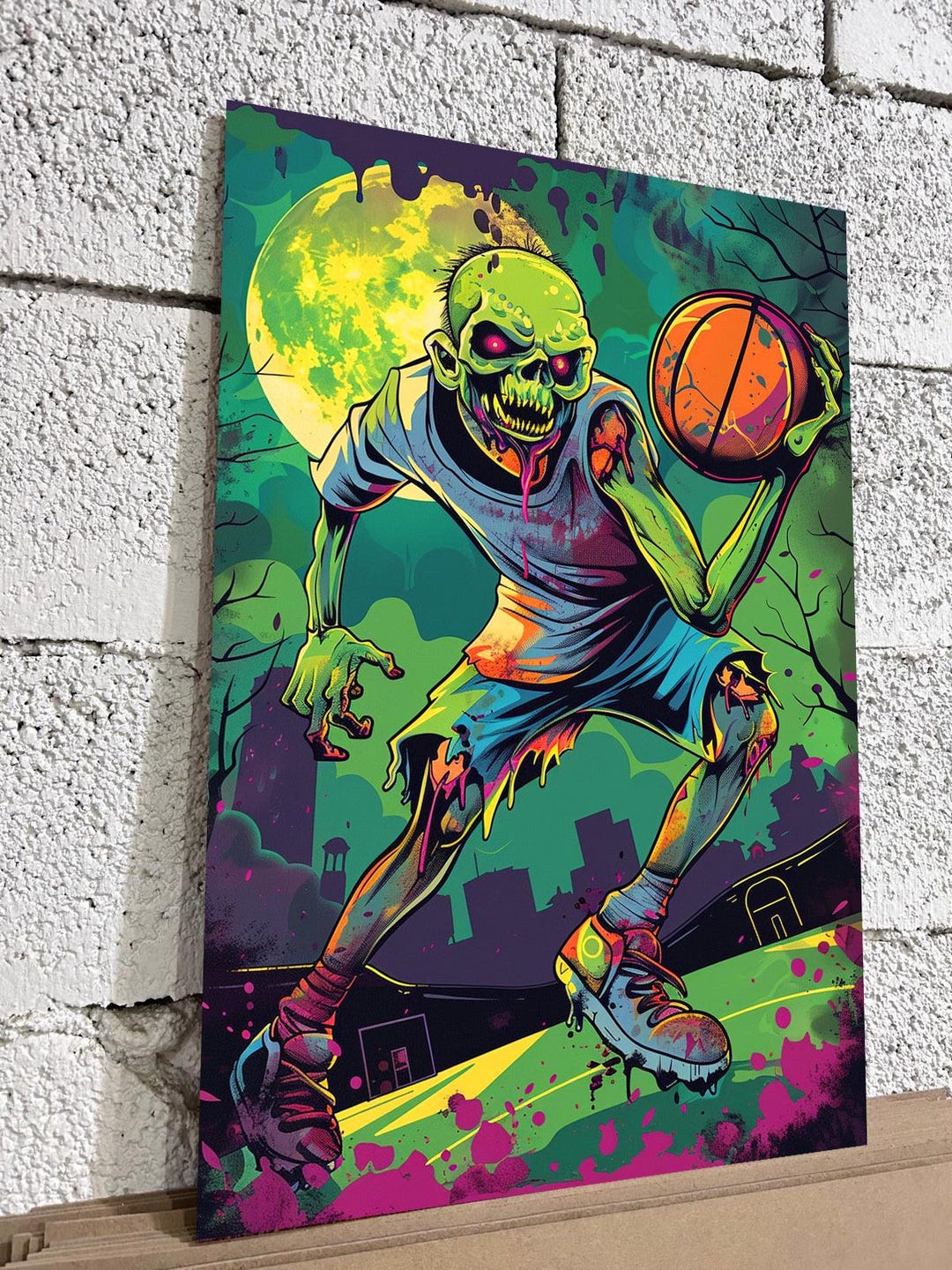 Zombie Basketball Wall Art – Creepy Undead Athlete With Ball, Neon ...