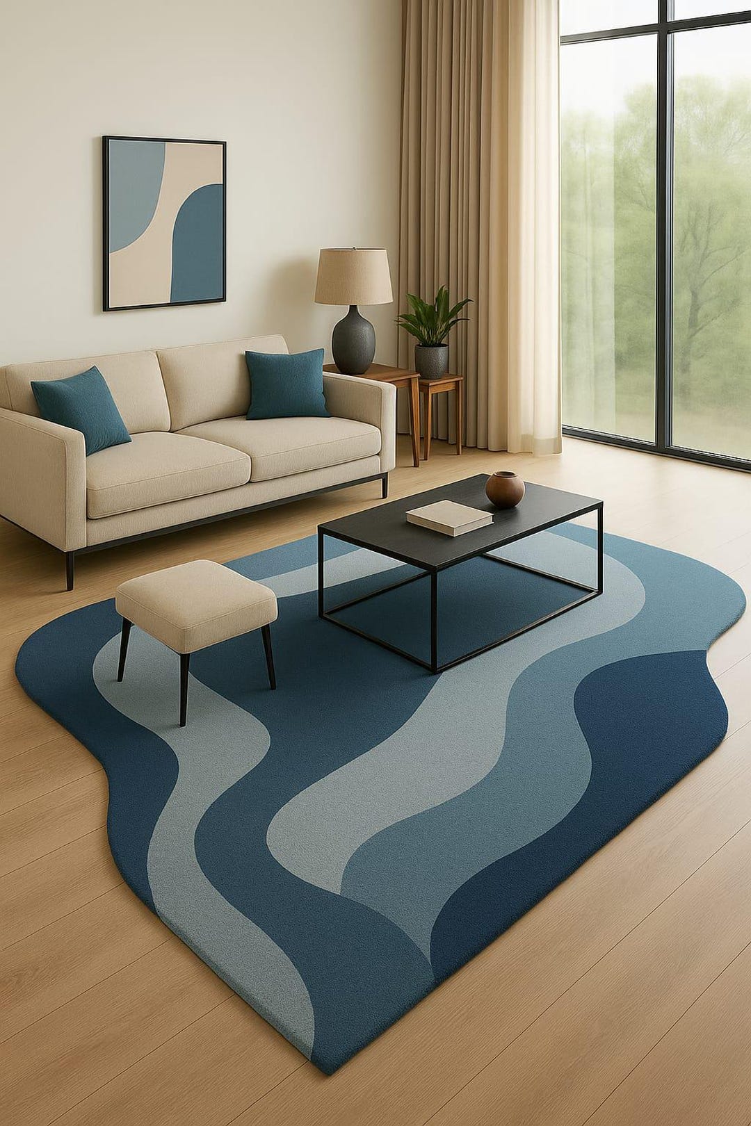 Hand Tufted Wavy Area Rug | Mid-century Modern Blue Abstract Carpet - Etsy