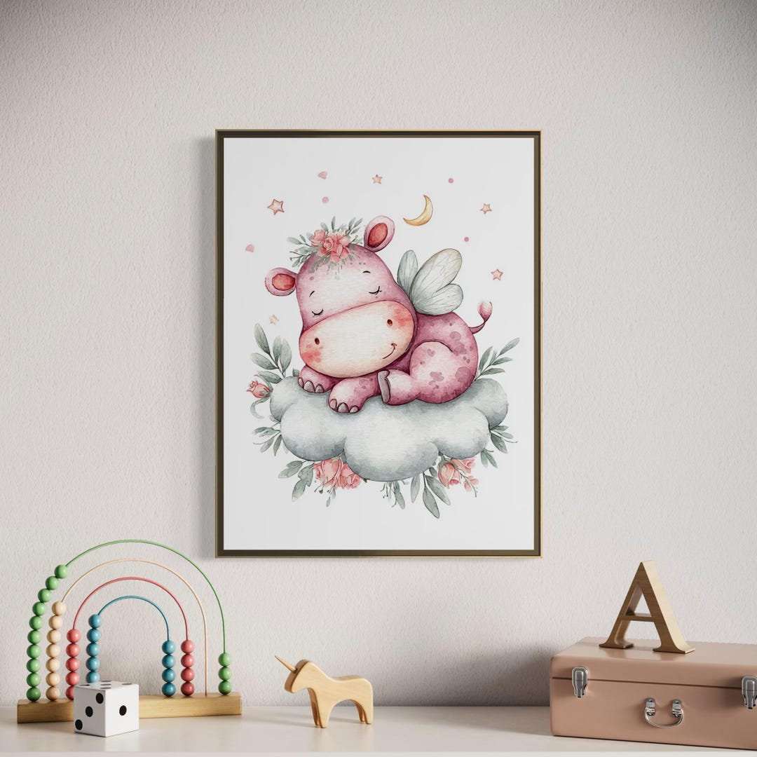 Sleeping Baby Hippo Poster – Pastel Fairy Wings Nursery Wall Art, Boho ...