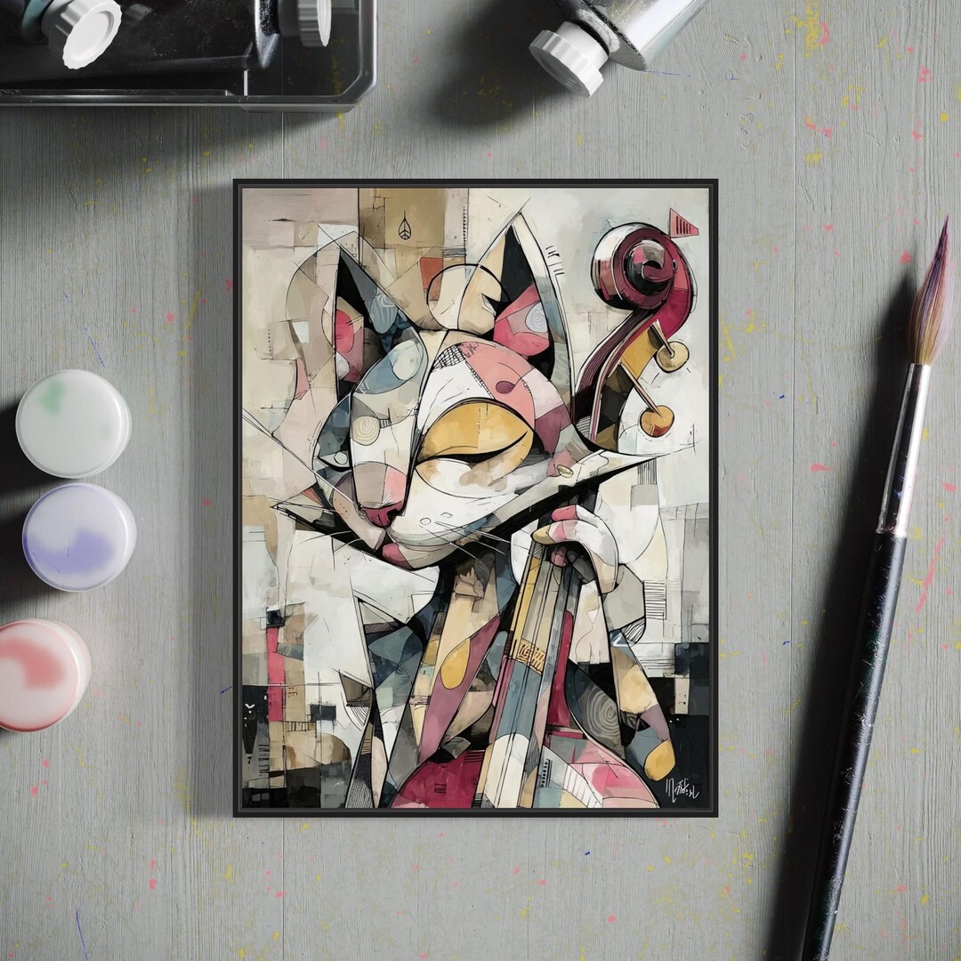 Cubist Cat Wall Art – Abstract Geometric Cat Painting – Modern Colorful ...
