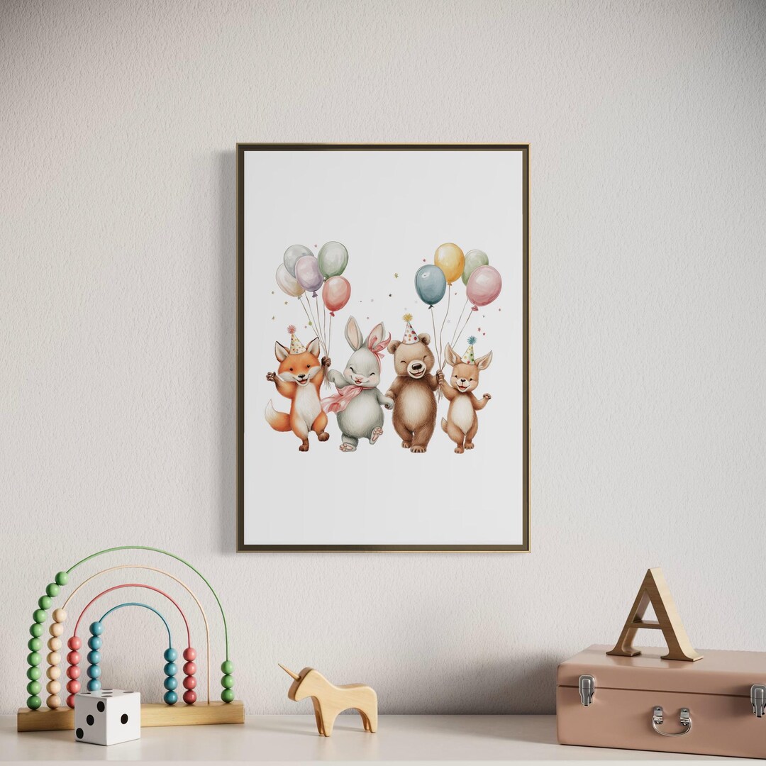 Party Animals Wall Art – Cute Forest Friends With Balloons, Birthday ...