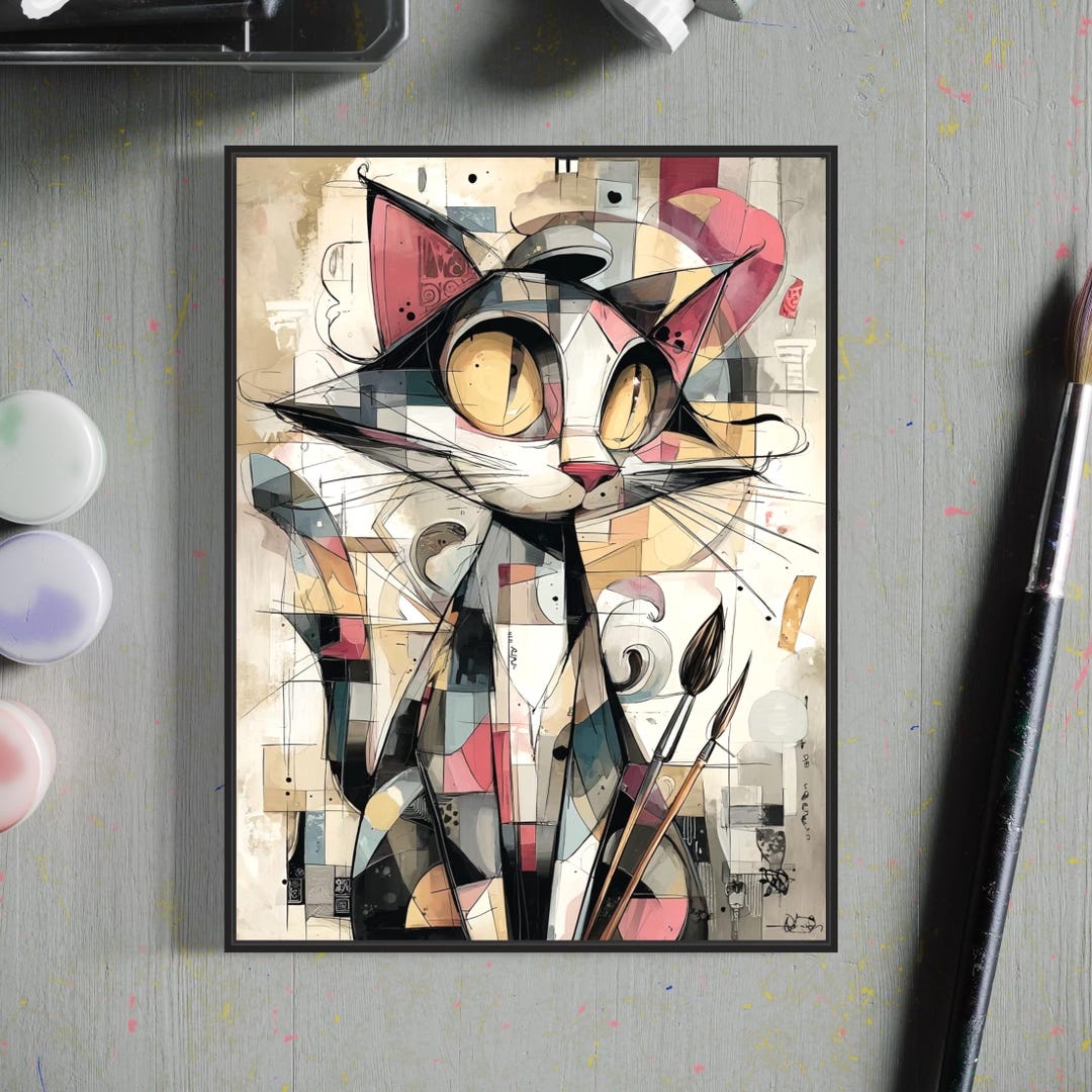 Cubist Cat Wall Art – Abstract Geometric Cat Painting – Modern Colorful ...