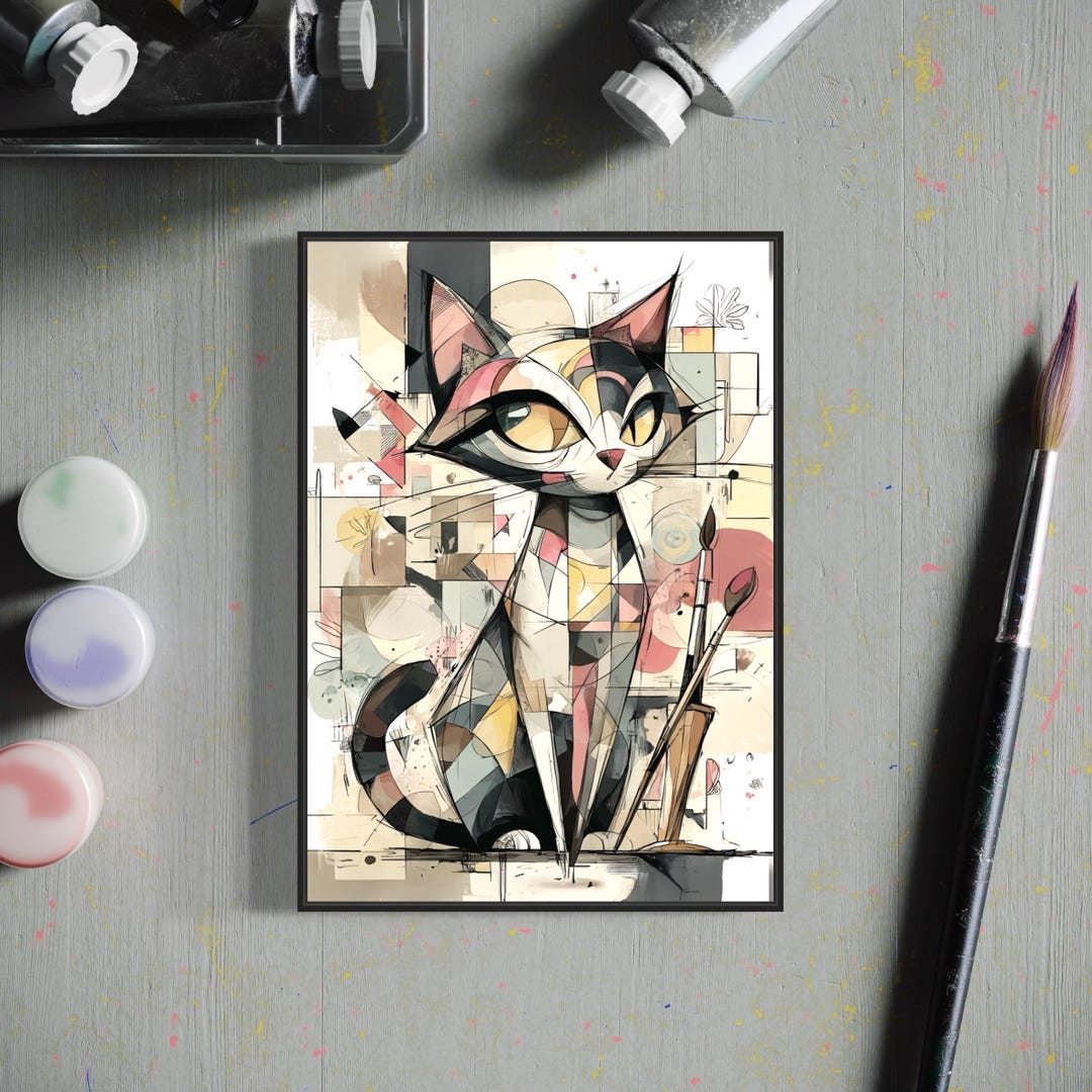 Cubist Cat Wall Art – Abstract Geometric Cat Painting – Modern Colorful ...