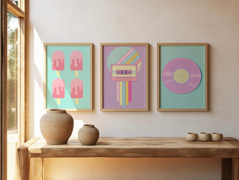 Pastel Pop Poster Set of 3 – Retro Cassette, Pink Vinyl, Ice Cream ...