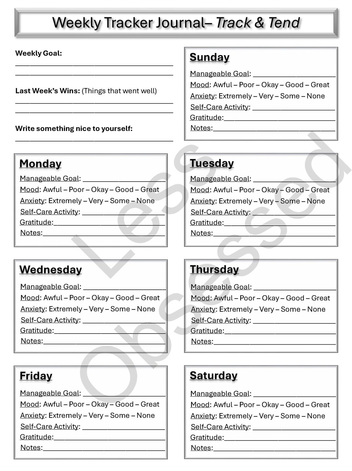 Weekly Mood Tracker Journal – for Anxiety, OCD, and Depression Logging ...