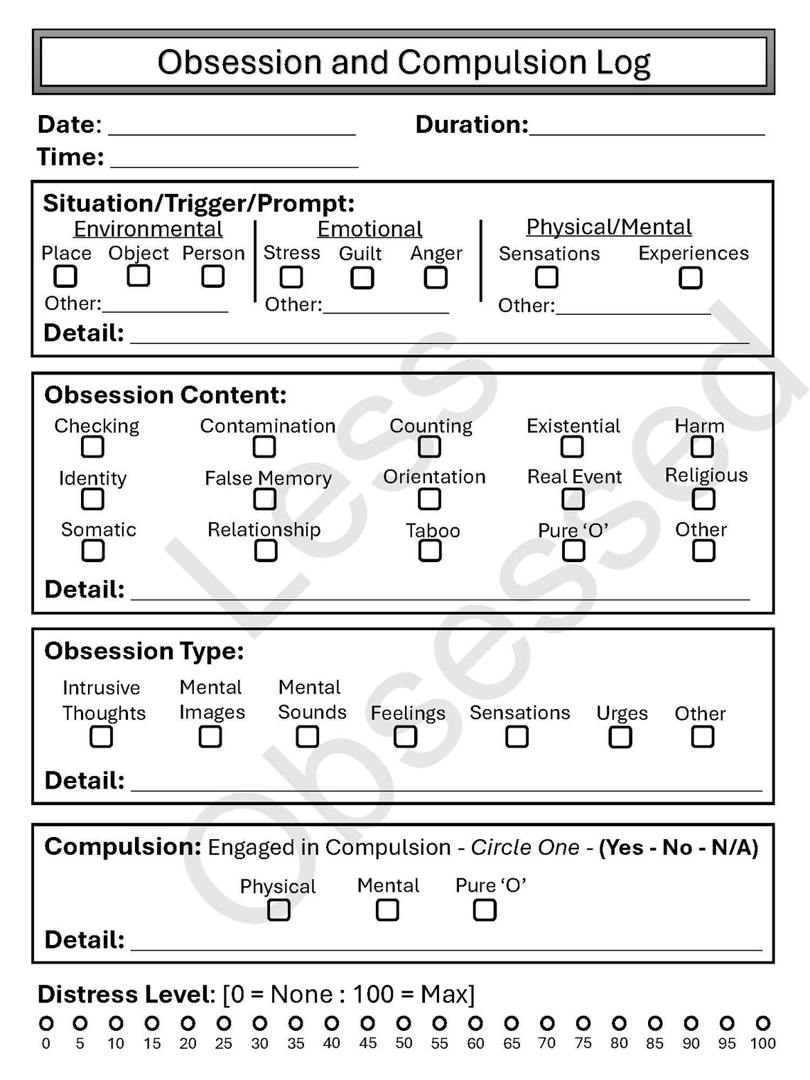 Obsession and Compulsion Log (for OCD and Anxiety Programs) - Etsy