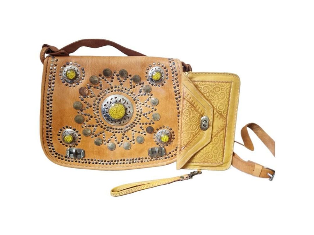 Moroccan Leather Crossbody Bag & Wristlet Wallet Set: Studded Boho ...