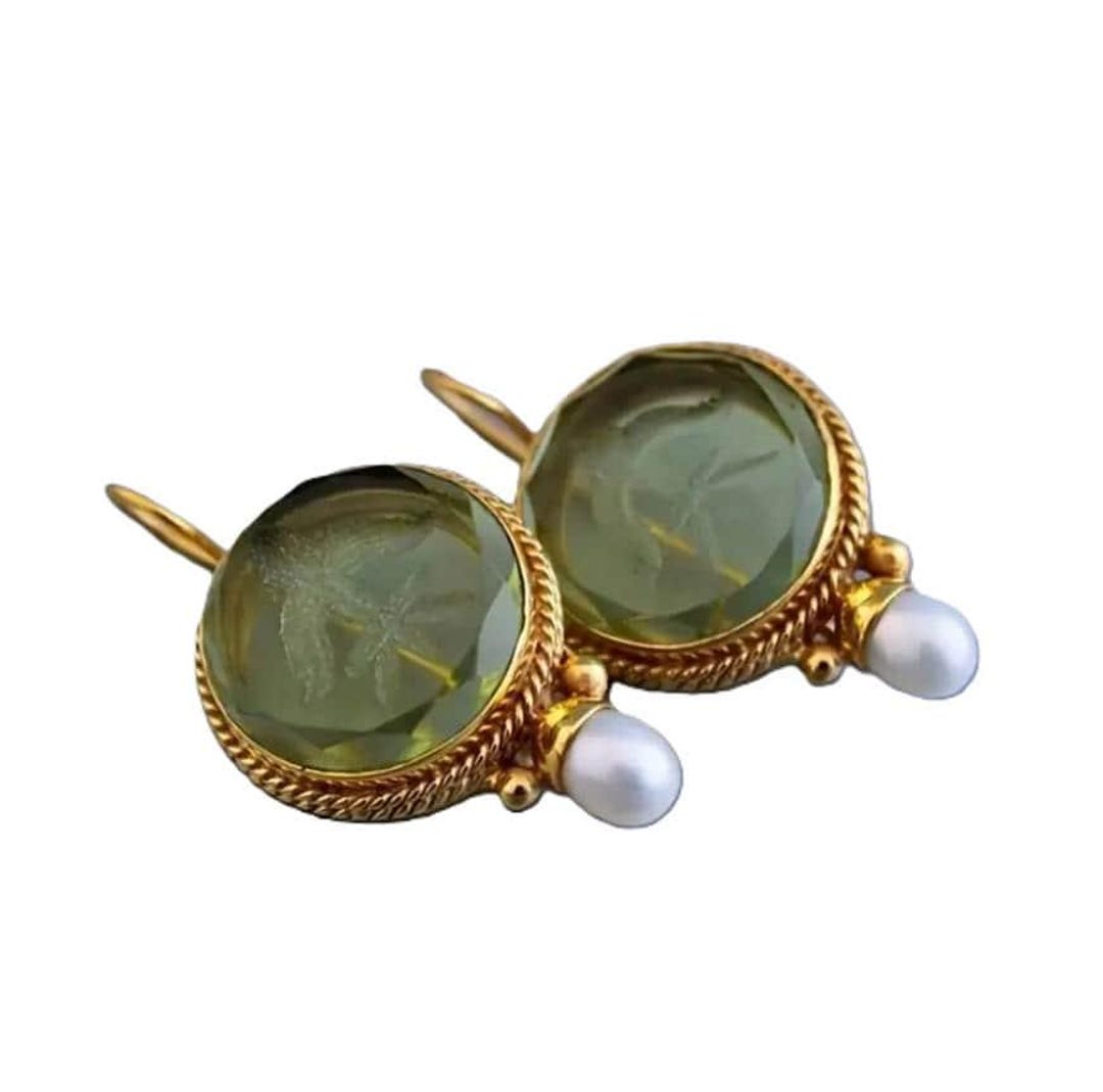 Art Deco Intaglio Earrings: Green Crystal, Faux Pearl, Brass Dangles - Etsy