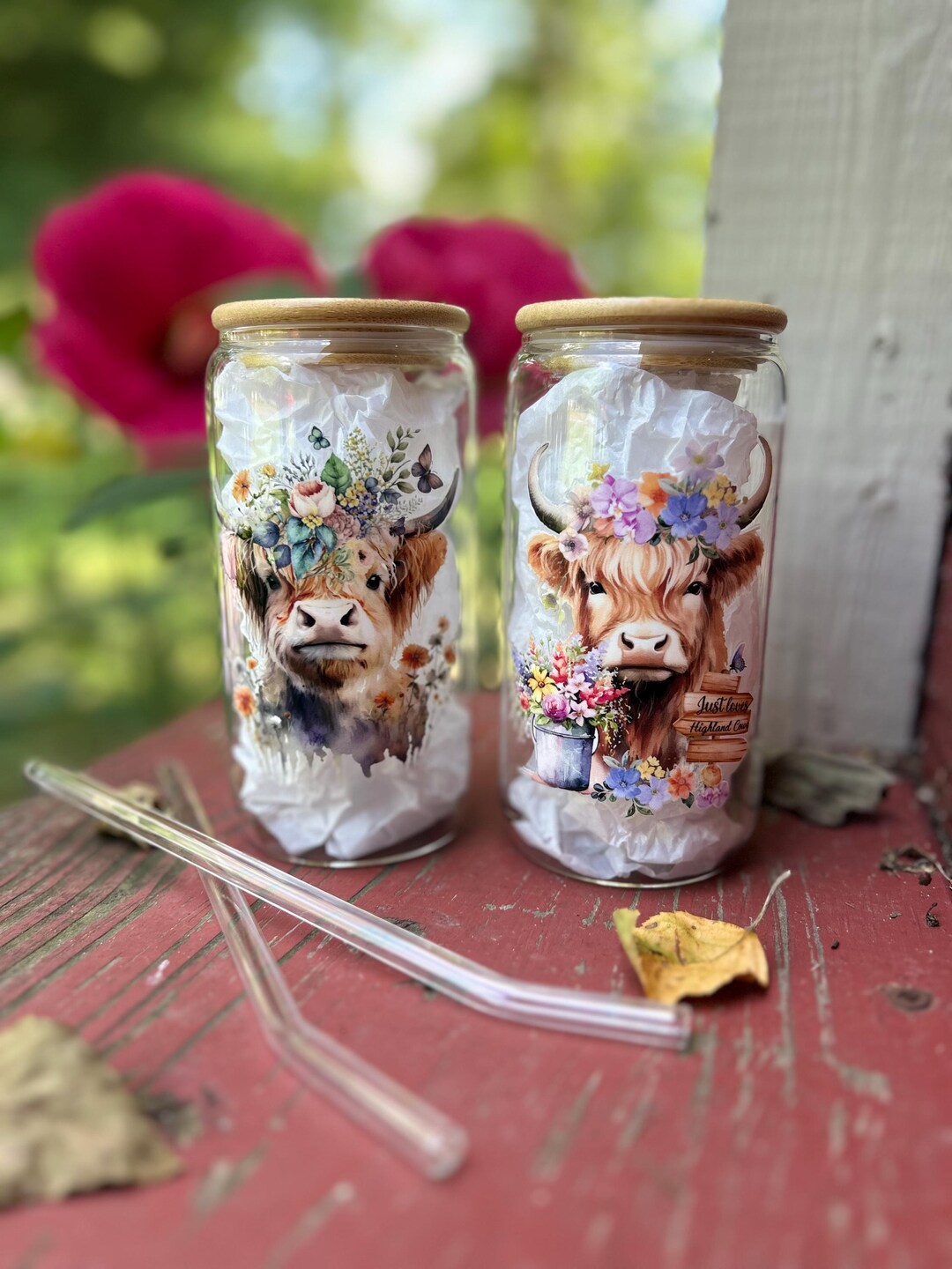 Highland Cow Glass Can With Bamboo Lid & Glass Straw - Etsy