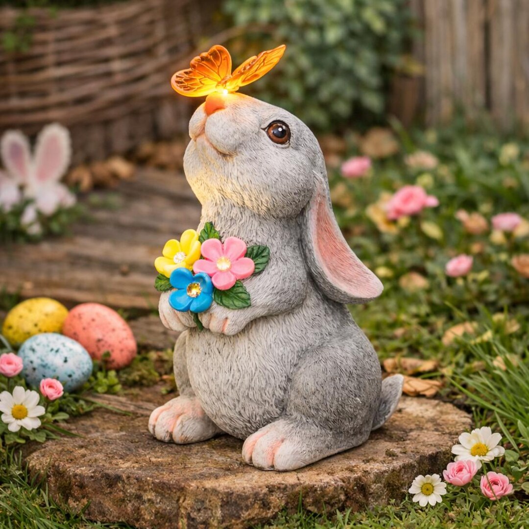 Solar Easter Bunny Garden Statue | LED Butterfly, Floral Lights - Etsy