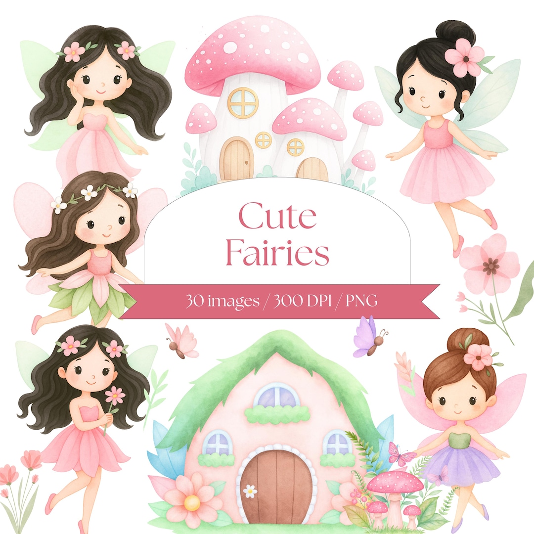 Fairy Garden Clipart Bundle, Pastel Watercolor Fairy Clipart PNG ...