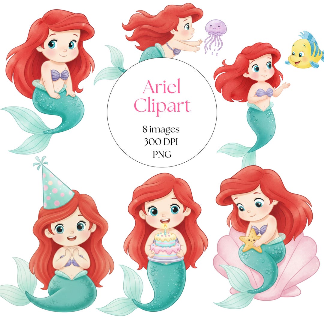 Baby Princess Ariel Watercolor Clipart, Cute Ariel Illustration, Fairy ...