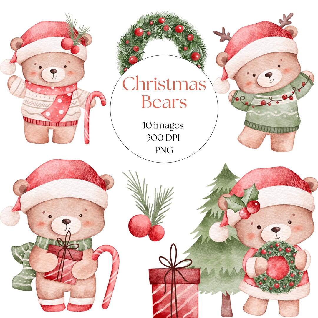 Christmas Bears Watercolor Clipart, Cute Bears Illustration, Hand Drawn ...