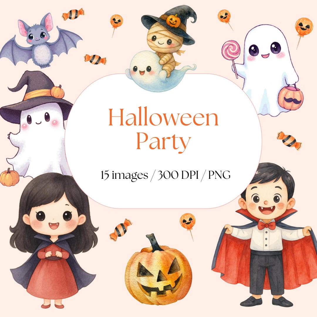 Watercolor Halloween Clipart Bundle, Cute Ghost Vampire Pumpkin Bat PNG ...