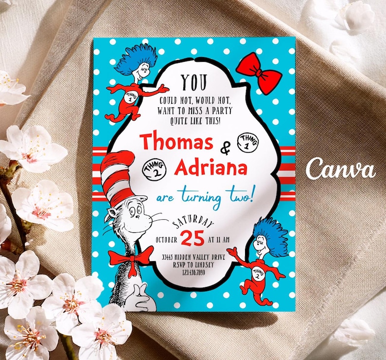 Dr Seuss Birthday Invitation, Printable Fairytale Invite, Editable Cat ...
