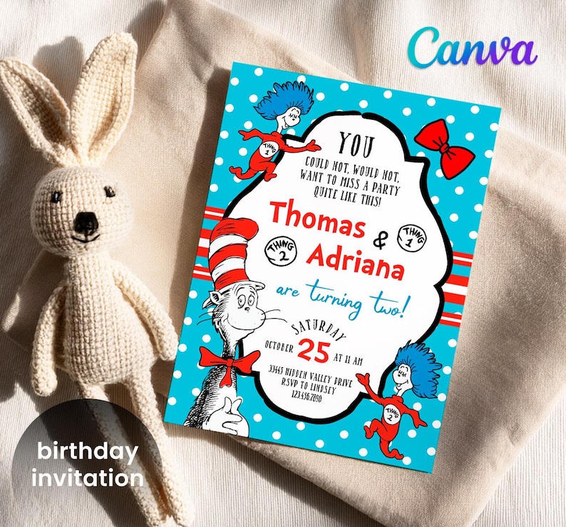 Dr Seuss Birthday Invitation, Printable Fairytale Invite, Editable Cat ...