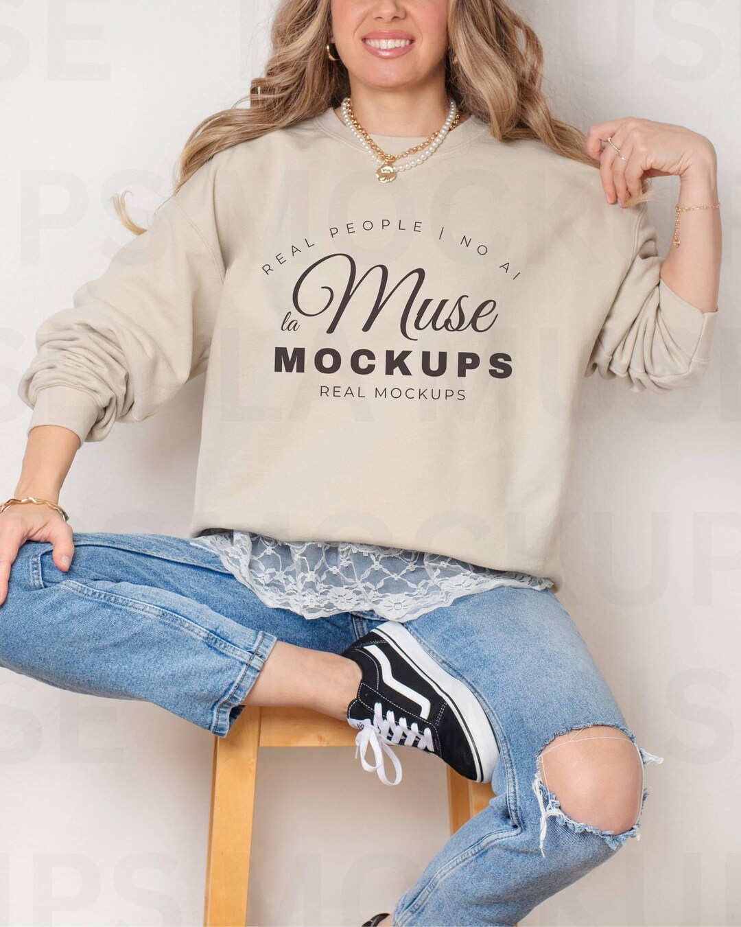 Gildan 18000 Sand Sweatshirt Mockup, G18000 Beige Sweater Mock-up, Real ...