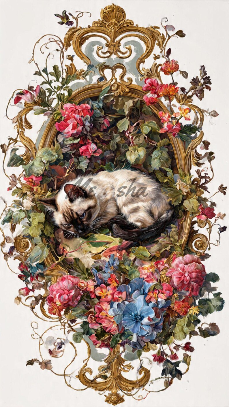 Floral Cat Art Print: Elegant Rococo Illustration (digital JPEG) - Etsy