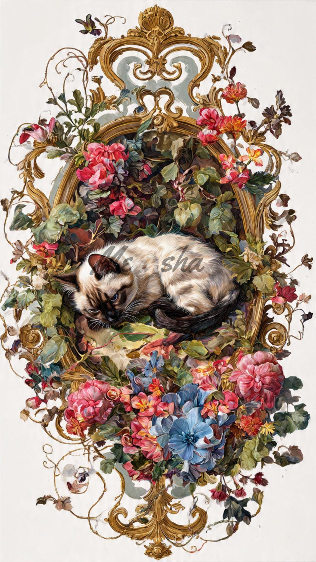 Floral Cat Art Print: Elegant Rococo Illustration (digital JPEG) - Etsy