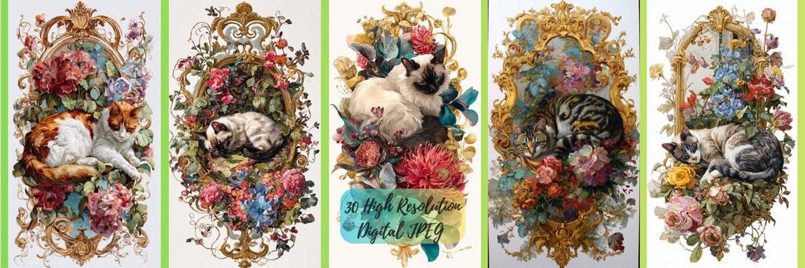 Floral Cat Art Print: Elegant Rococo Illustration (digital JPEG) - Etsy
