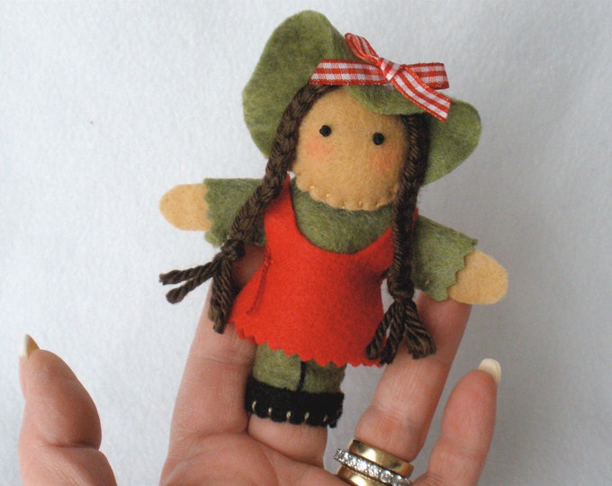 Girl in Braids Felt Finger Puppet, Hand Stitched Little Girl With Hat ...