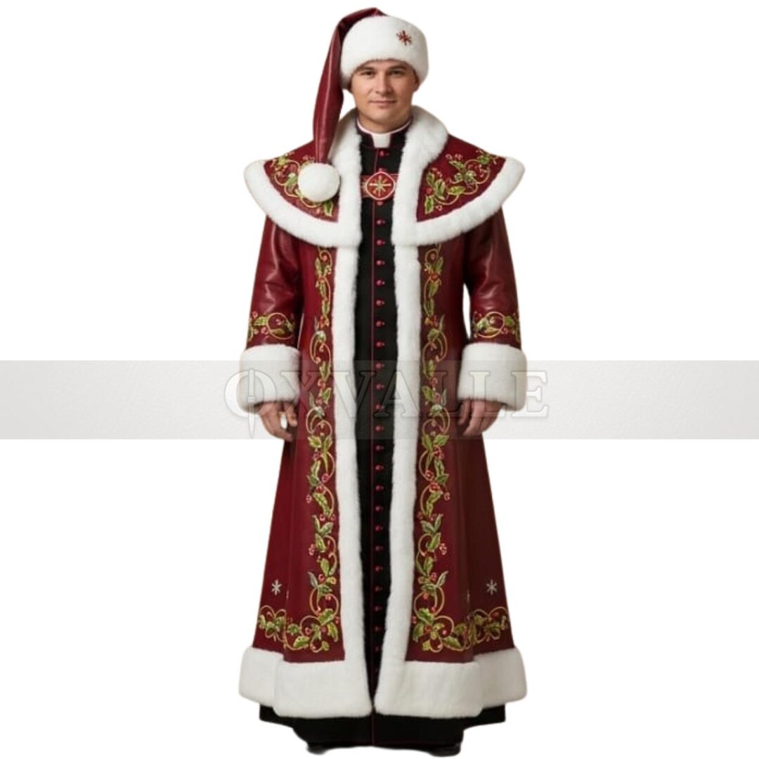 Genuine Leather Santa Robe: Red Christmas Costume With Gold Embroidery ...