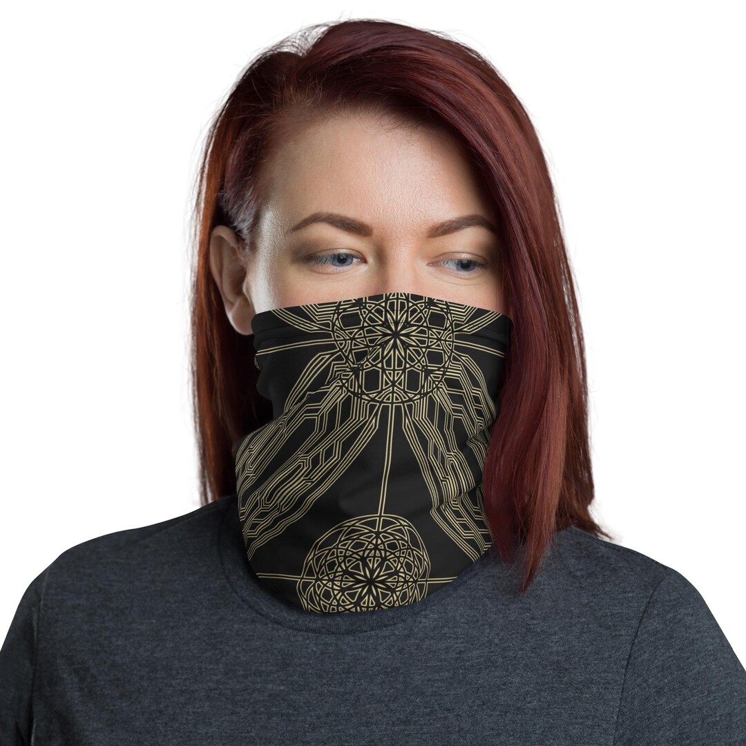 Obsidian Silk Circuit Mandala Neck Gaiter | Black Satin Gold Sacred ...