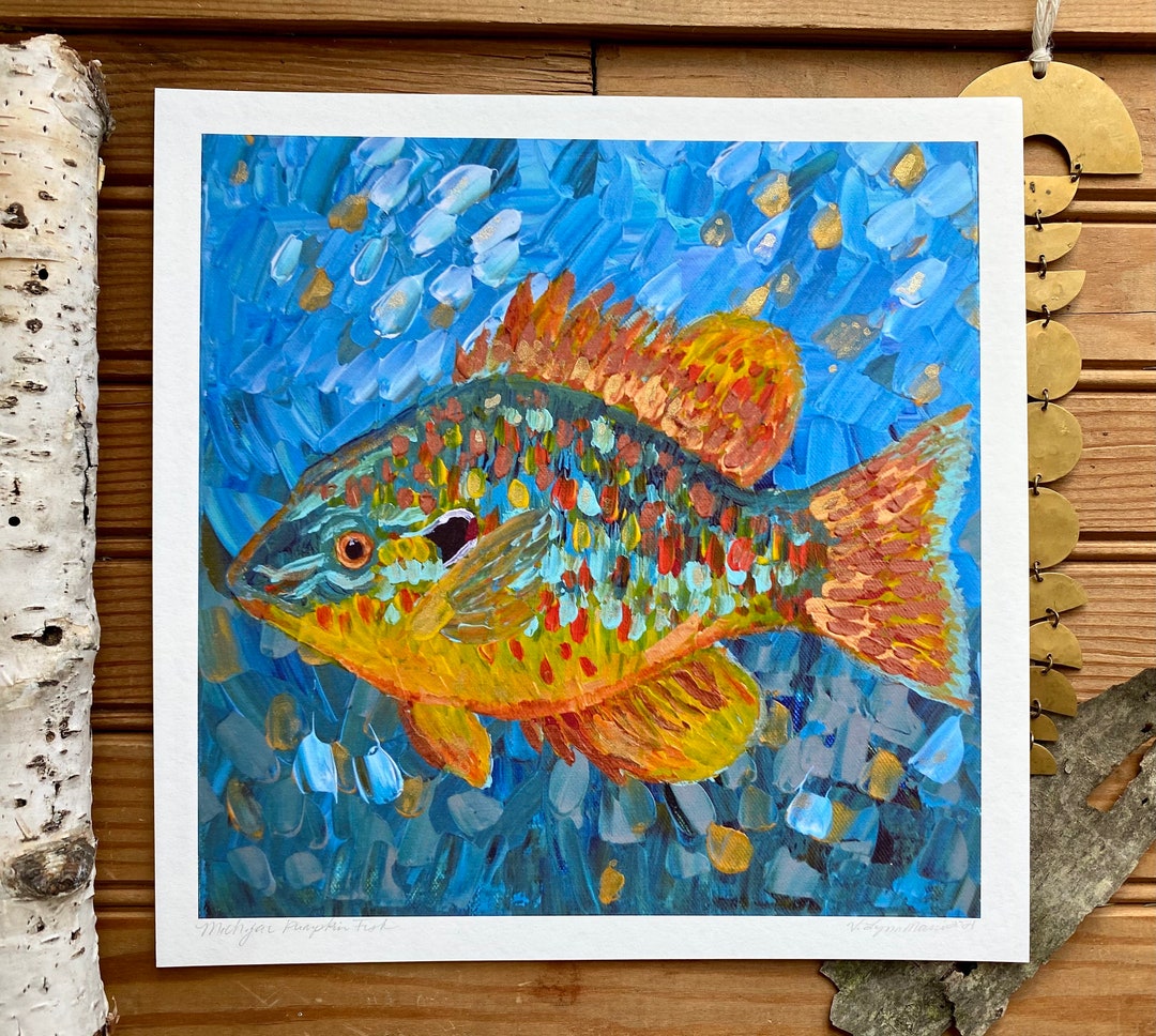 Print of Original Fish Art Pumpkin Michigan State Fish Acrylic Textured ...