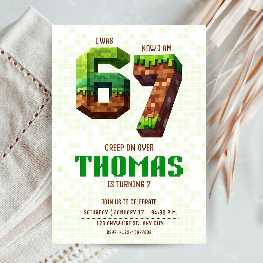 Six Seven Editable Pixel Block Birthday Party Invitation Template ...