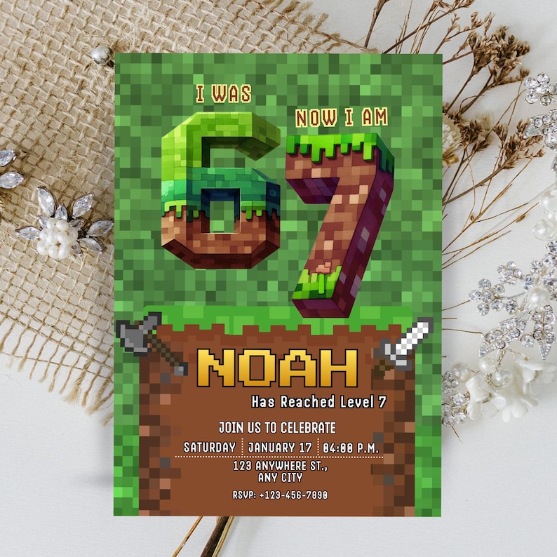 Six Seven Editable Pixel Block Birthday Party Invitation Template ...